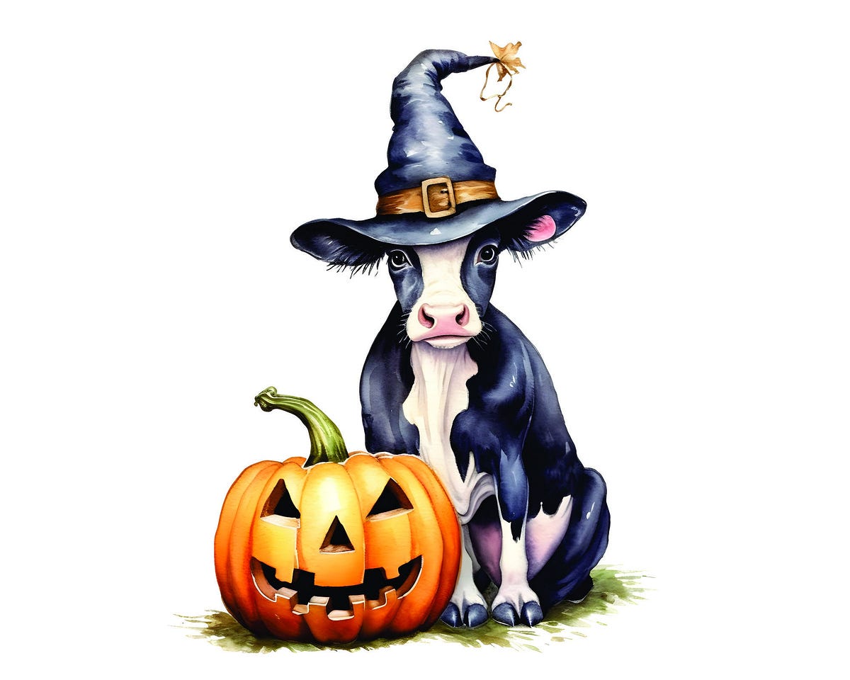 Halloween Cow Clipart, 16 JPGs, Watercolor Cow, Halloween Clipart ...