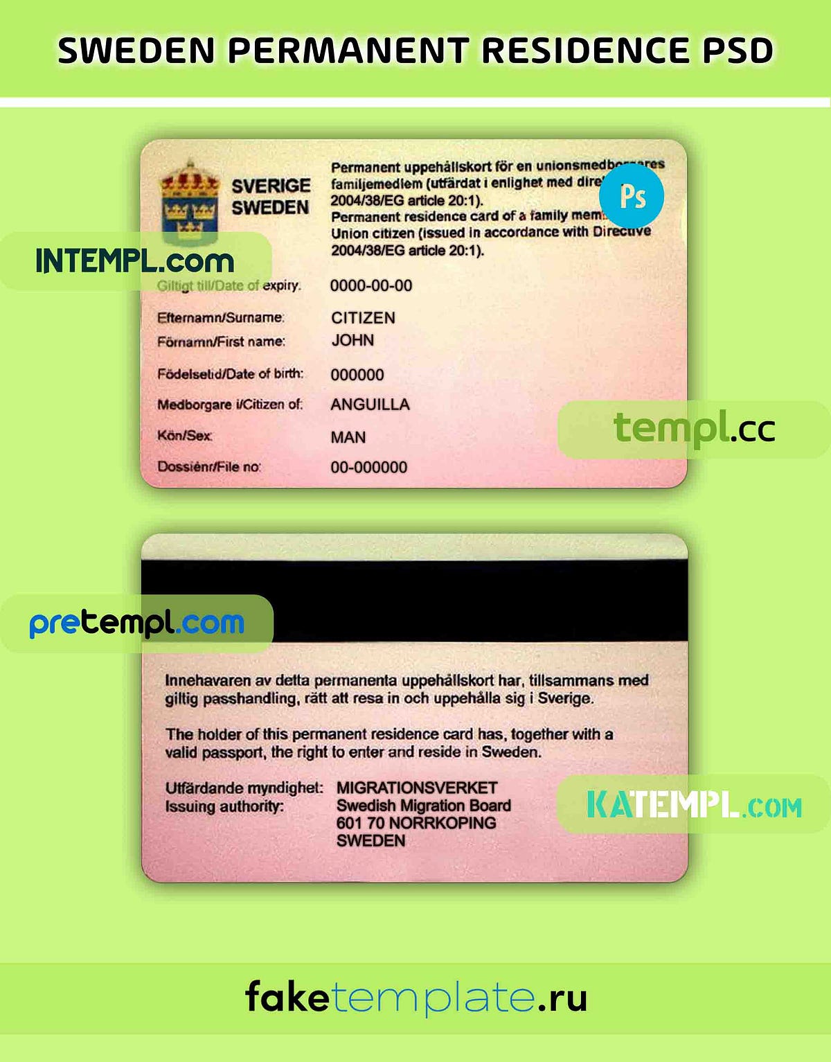 Sweden permanent residence card PSD template, with fonts | by Shotempl ...