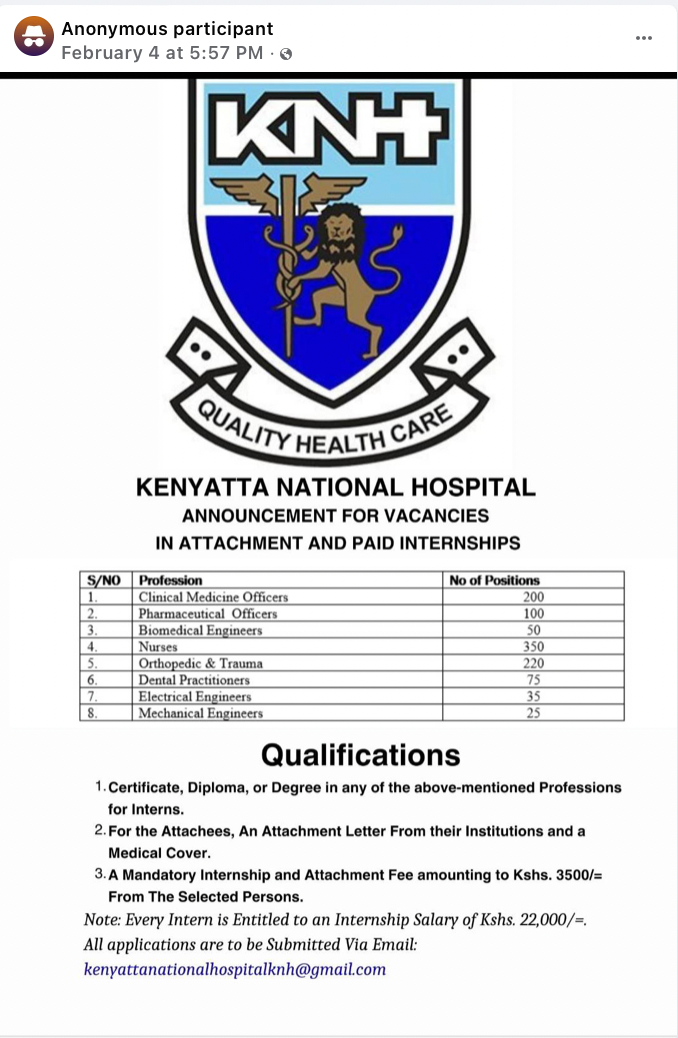 Knh Logo HOAX: This Poster Advertising A Caregiver Role At Kenyatta