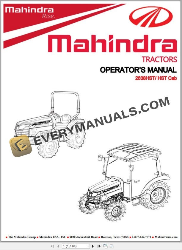 Mahindra Tractor 2638 HST Open Cab Operator Service Manual - Mahindra ...