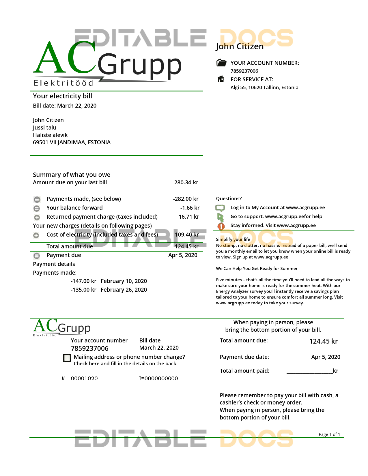 USA Michigan electricity utility bill template in Word and PDF format ...
