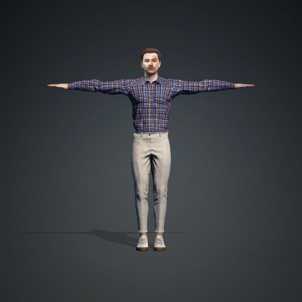 3D model of a male character wearing a gray dress shirt, dress pants ...