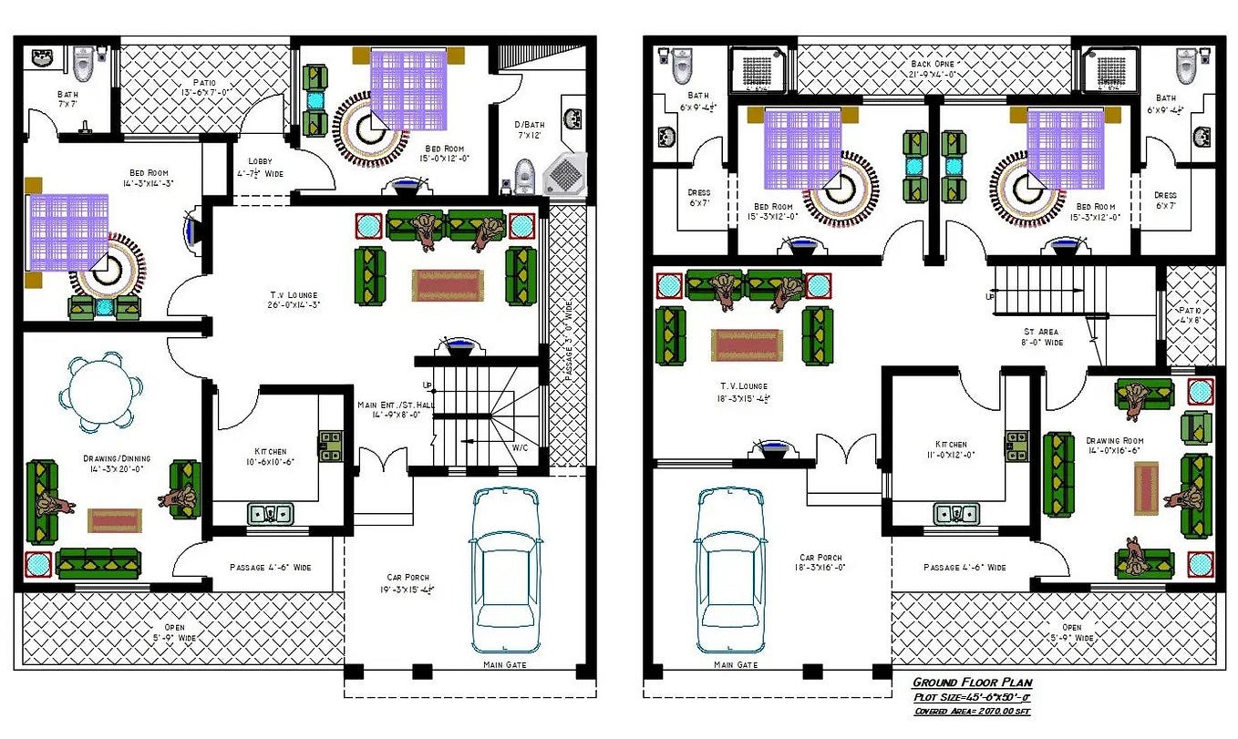 2D CAD Drawing 2bhk House Plan With Furniture Layout Design Autocad File; this is the 2bhk house ...