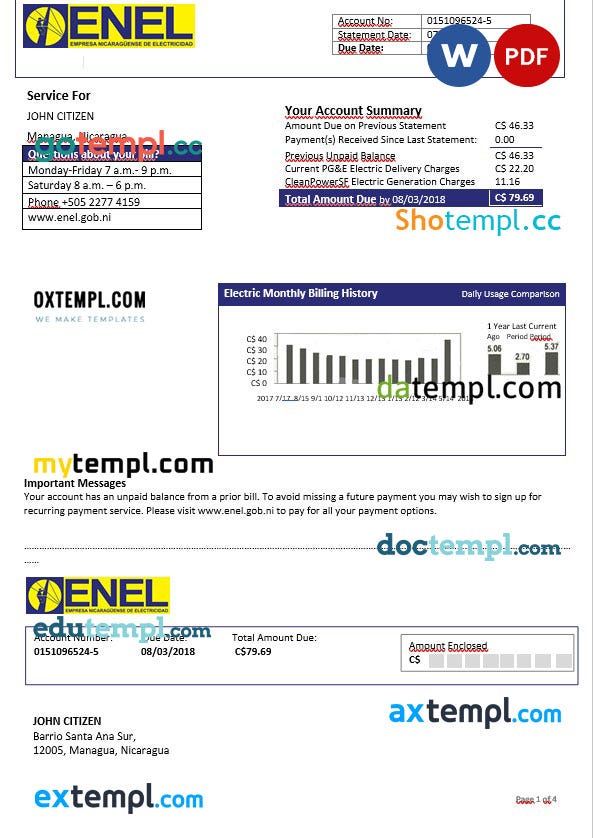 New York Dynowatt electricity utility bill Word and PDF formats, 2 ...
