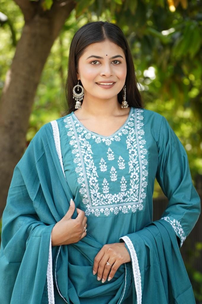 Jahida Premium Sky Blue Printed Cotton Kurta Pent With Dupatta Set For ...