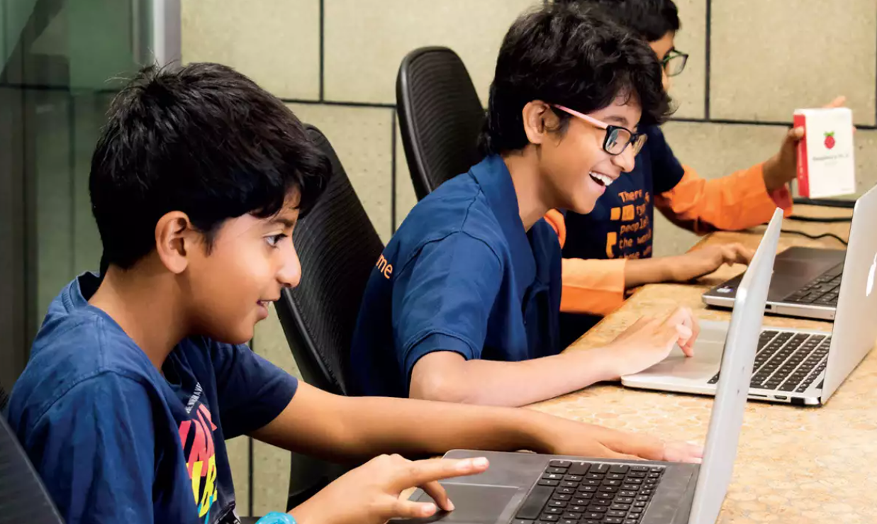 Indian School Children With Computer