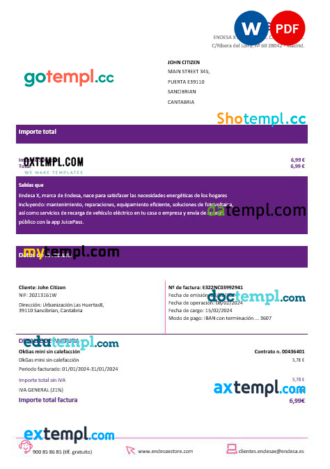 Spain EDP Energia utility bill download example in Word and PDF format ...