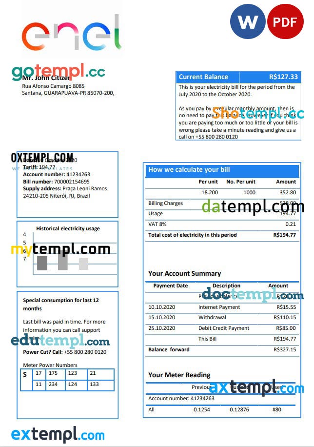 Belgium Luminus utility bill template in Word and PDF format (in .doc ...