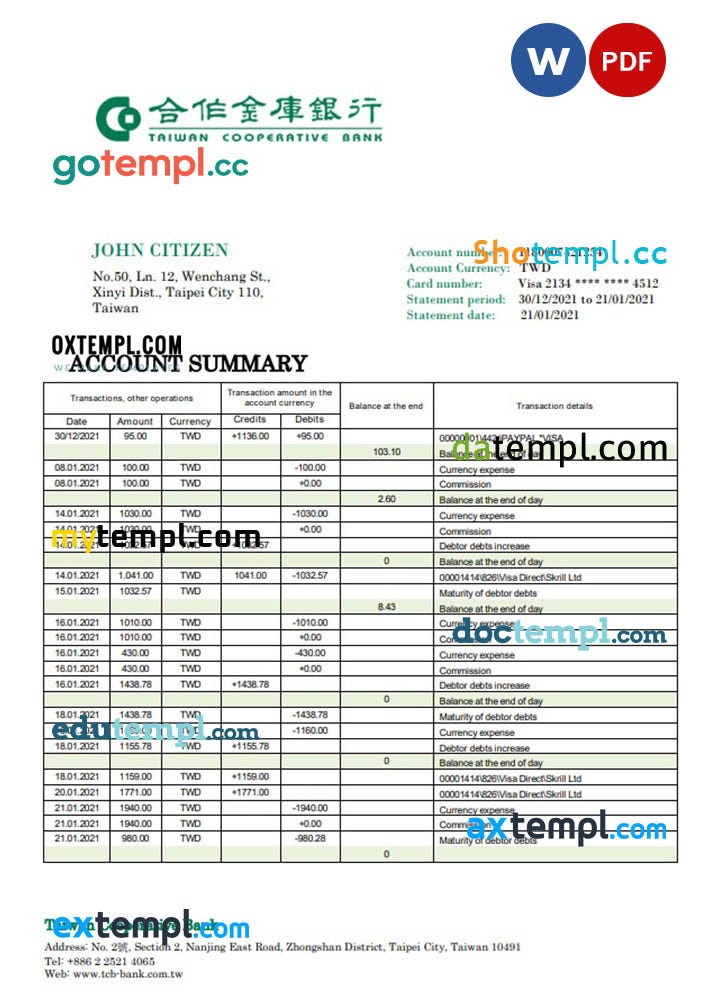 Spain JMMB bank statement Word and PDF template, 2 pages - Doctempl - Medium