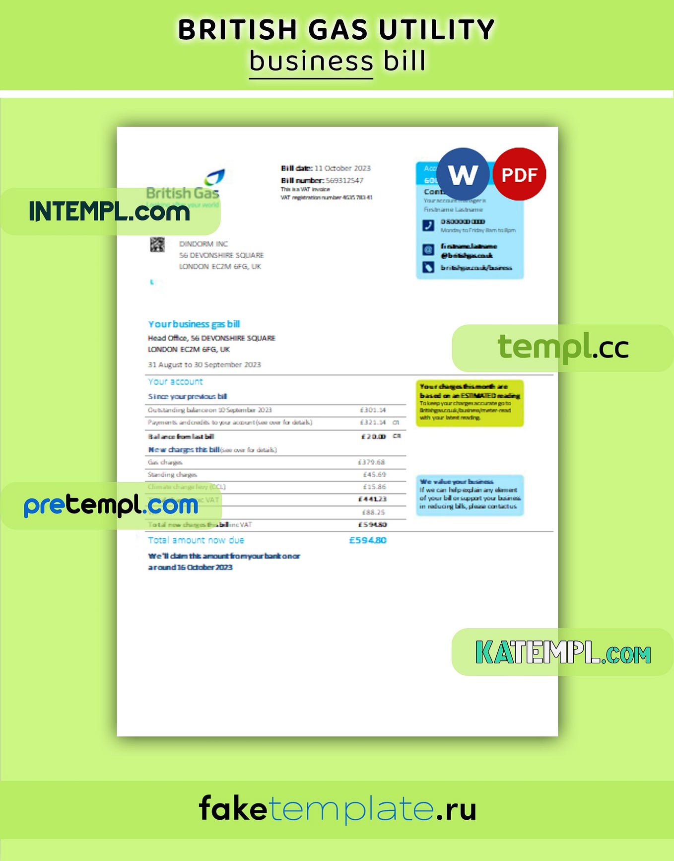 California PG&E (Pacific Gas and Electric Company) business utility bill, Word and PDF template ...