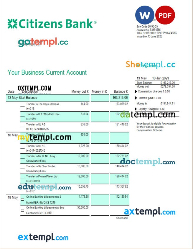 Bank of Queensland business checking account statement Word and PDF template download template ...