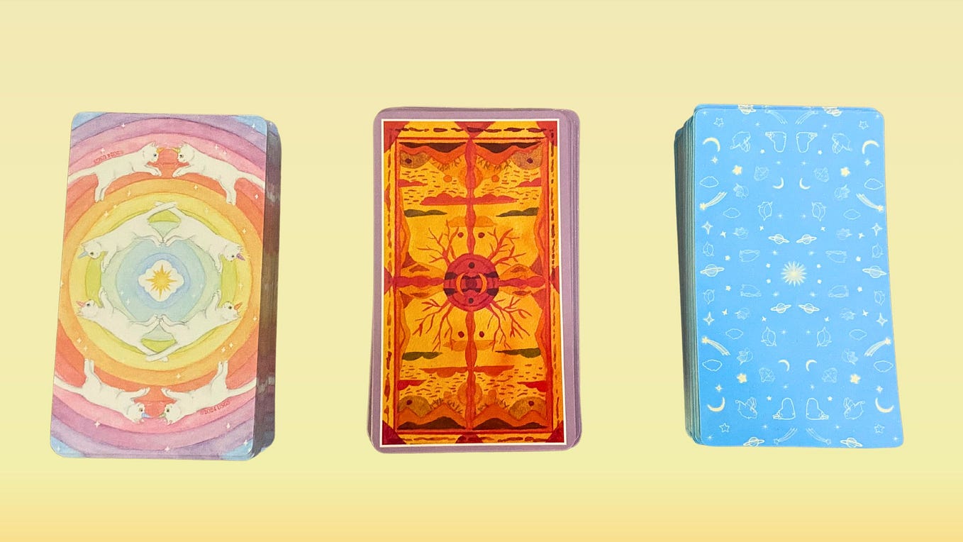 Depending on the theme, I use different decks— like Lenormand, Universal Tarot, Symbolon, or ...