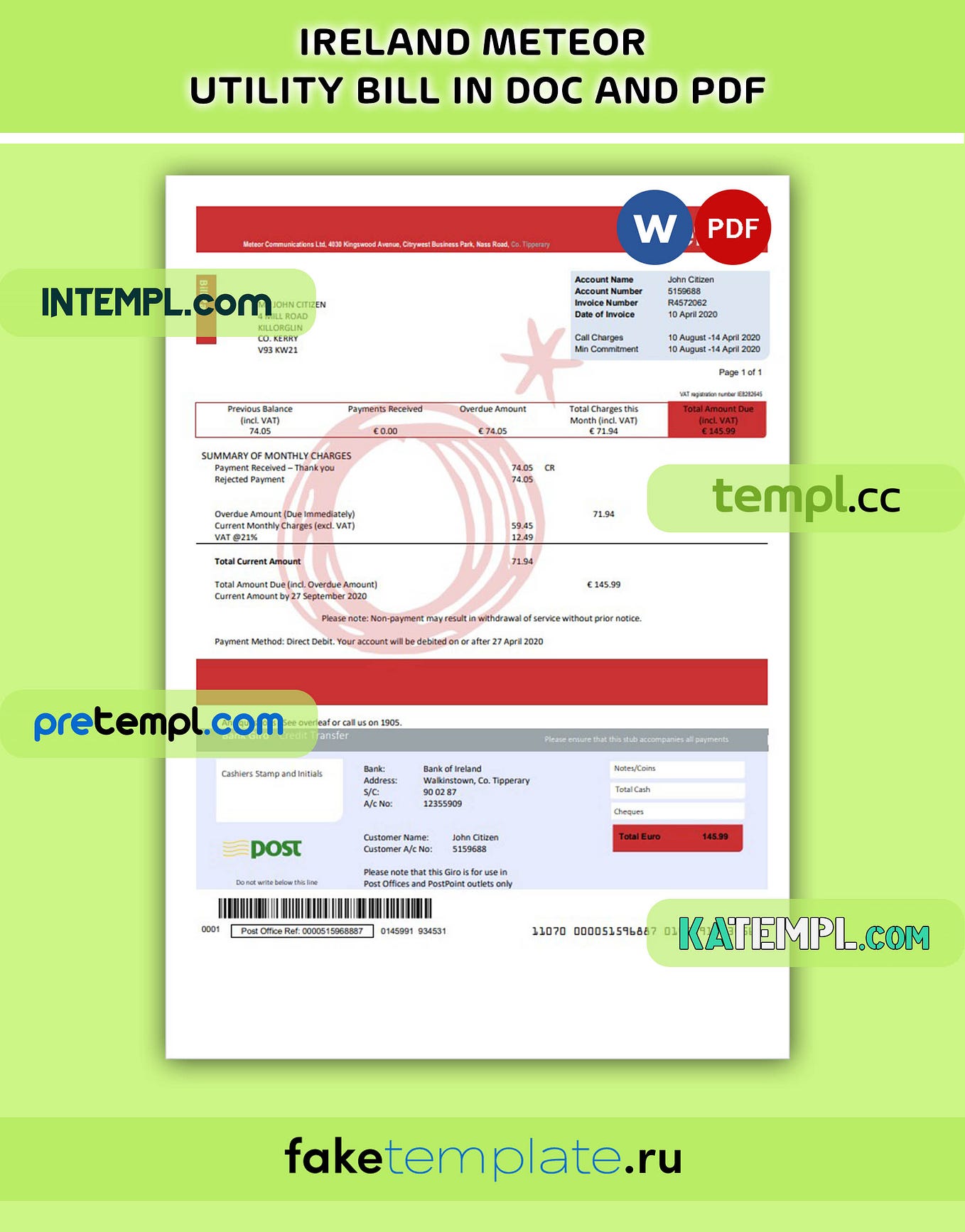 Ireland Electric Ireland utility bill template in Word and PDF format ...