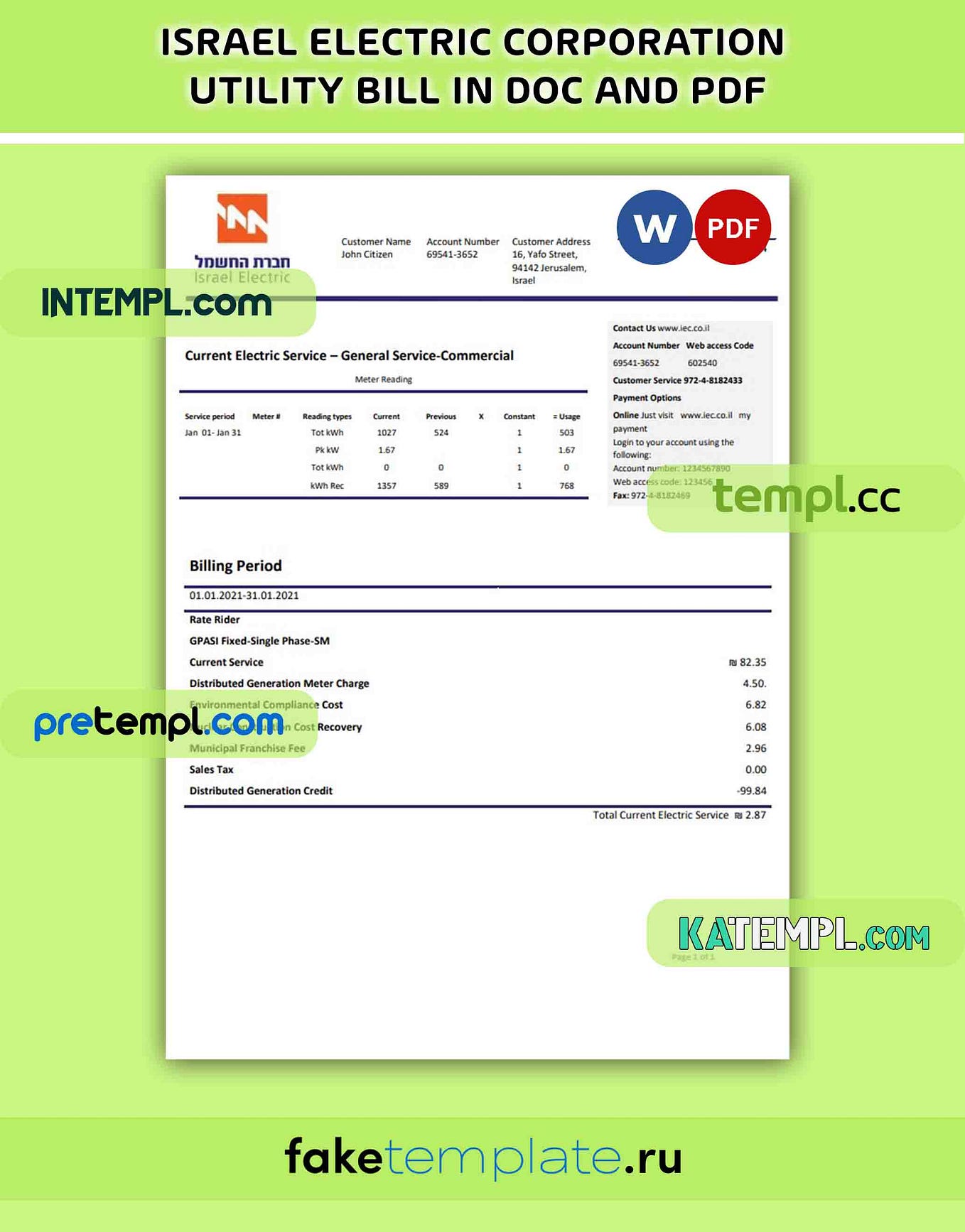 Israel Green Energy Association of Israel utility bill template in Word ...
