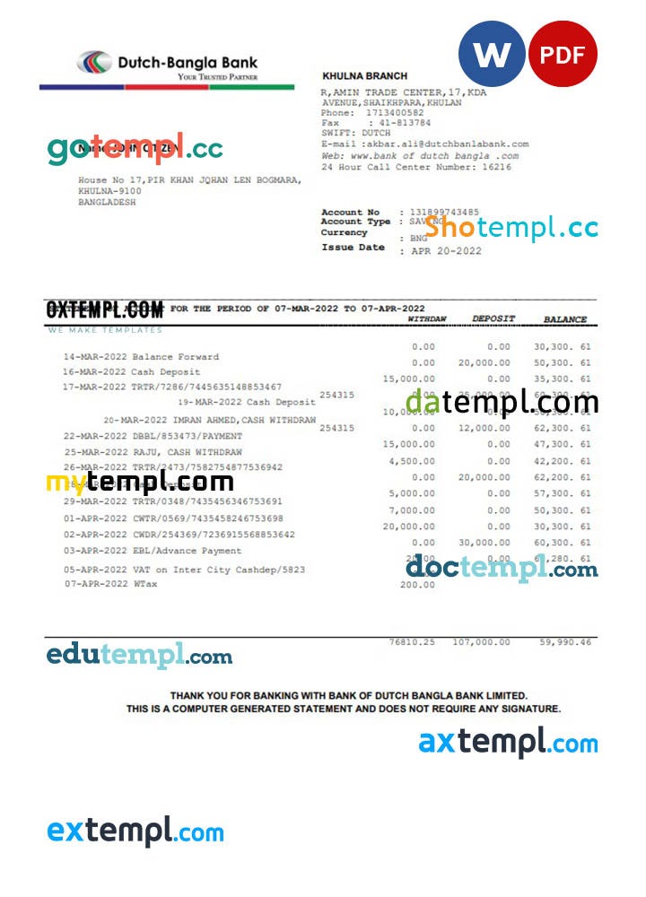 Bangladesh Rupali Bank statement template in Word and PDF format | by doctempl | Sep, 2024 | Medium
