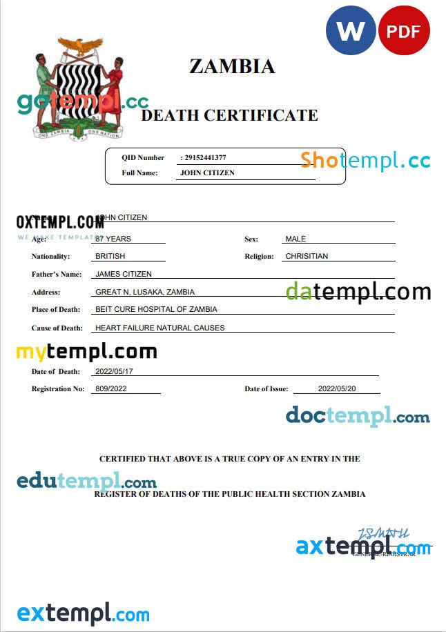 Death Certificate Template Word