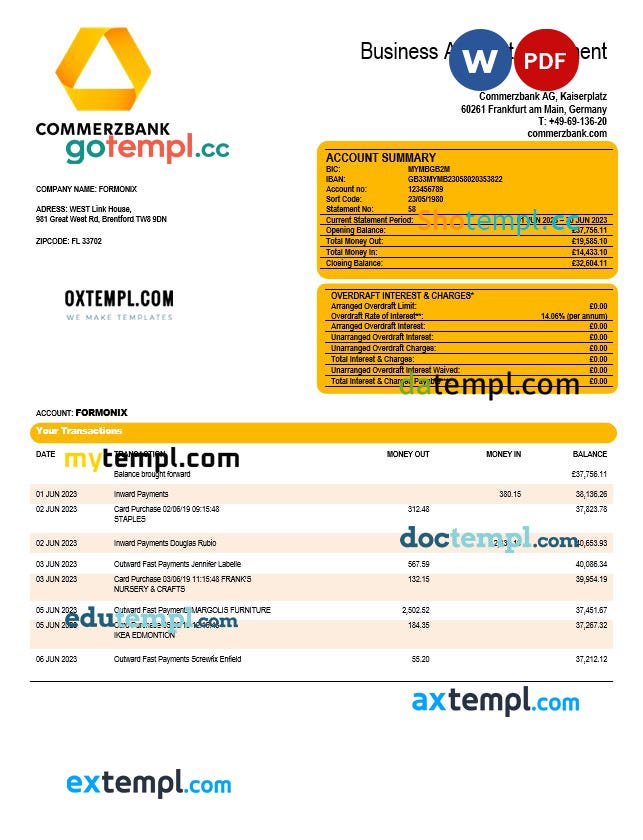 Commerce Bank firm account statement Word and PDF template download ...
