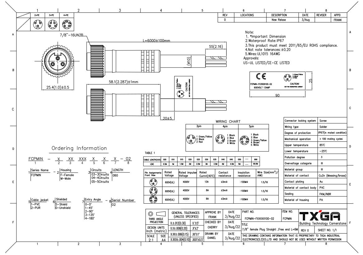 M16 circular connector, M16X0.75 socket, 7 positions, pin, 180 ...