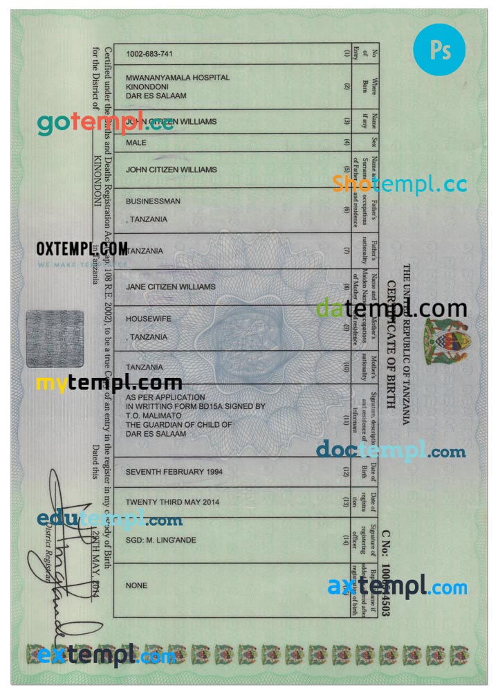 Tanzania birth certificate PSD template, completely editable | by ...
