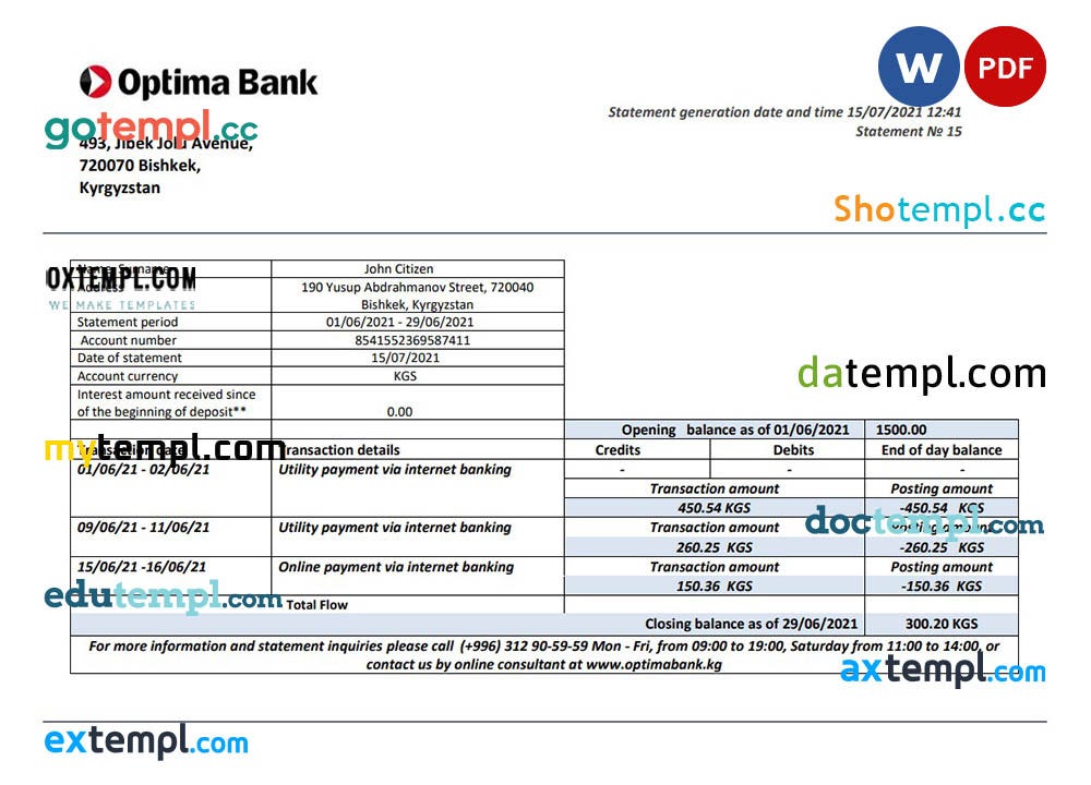 Kyrgyzstan Kirgizbank proof of address bank statement template in Word and PDF format | by ...