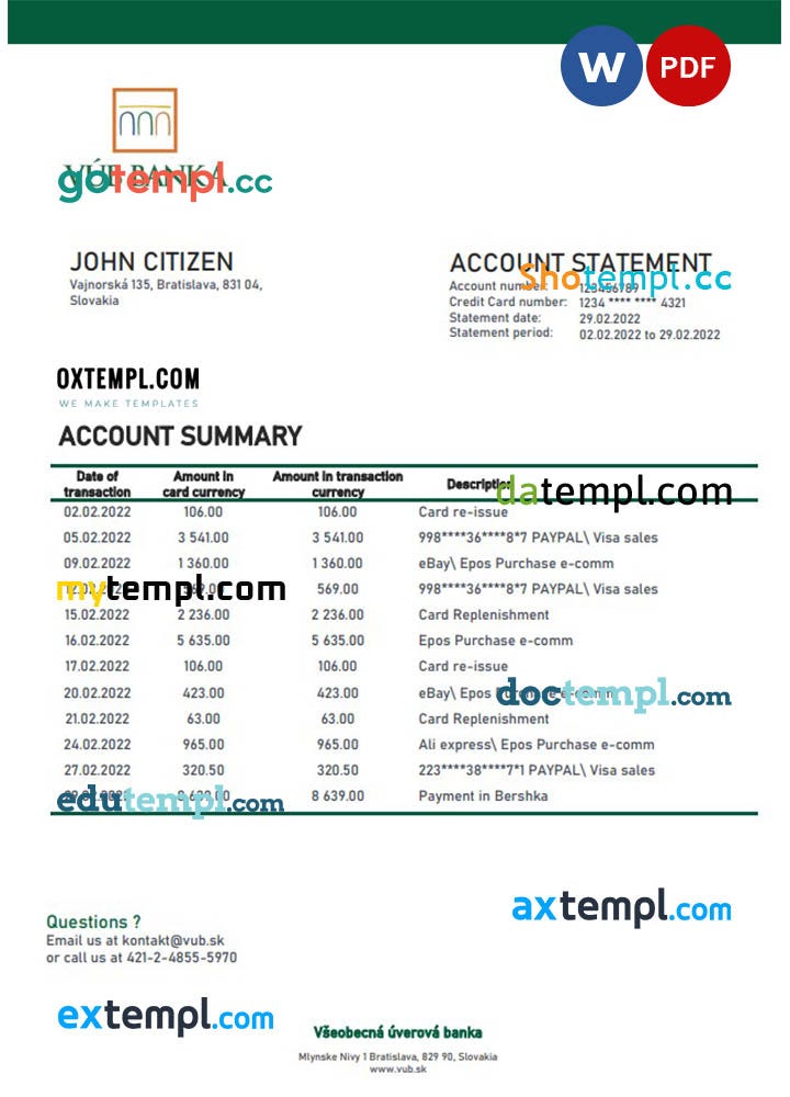 Slovakia Tatra bank statement template in Word and PDF format ...