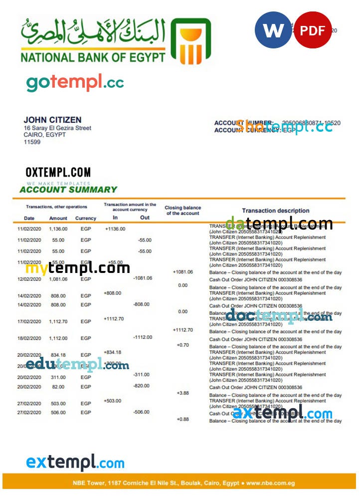 Egypt Blom Bank of Egypt proof of address statement template in Word and PDF format (.doc and ...