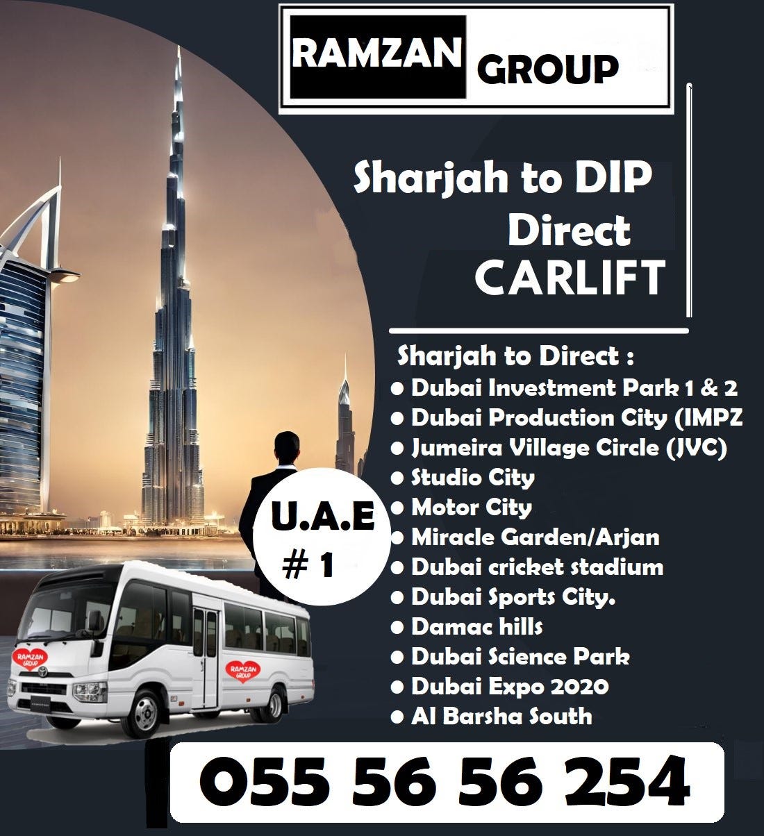 Sharjah to DIP Motor city IMPZ JVC Miracle garden Sports city Direct ...