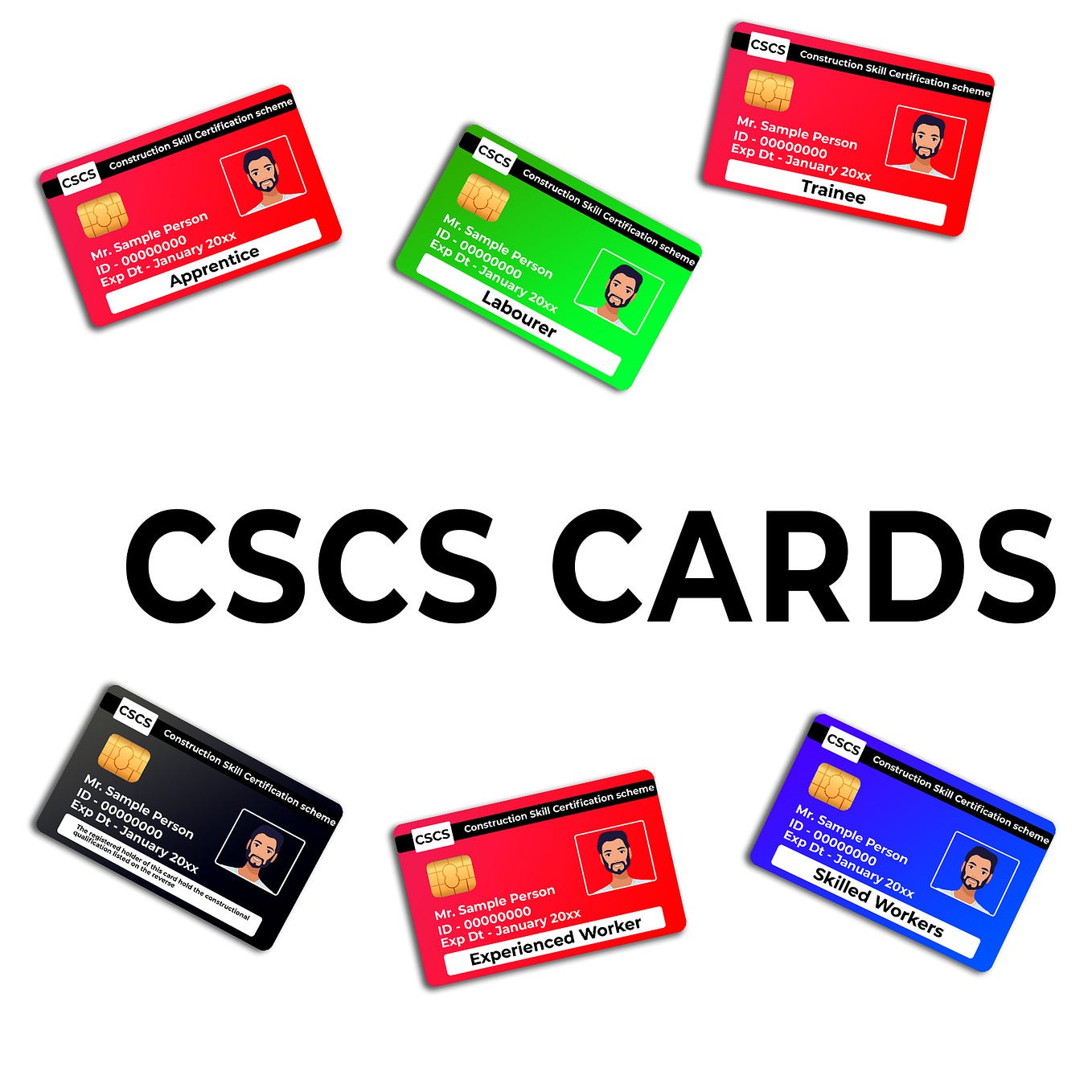 CSCS Green & Red & Blue, Black & White & skill Cards in Uk - construction stave - Medium
