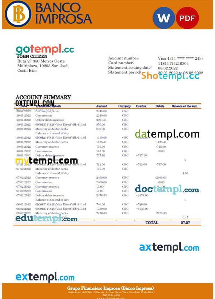 sample Djibouti Exim bank statement template in Word and PDF format ...
