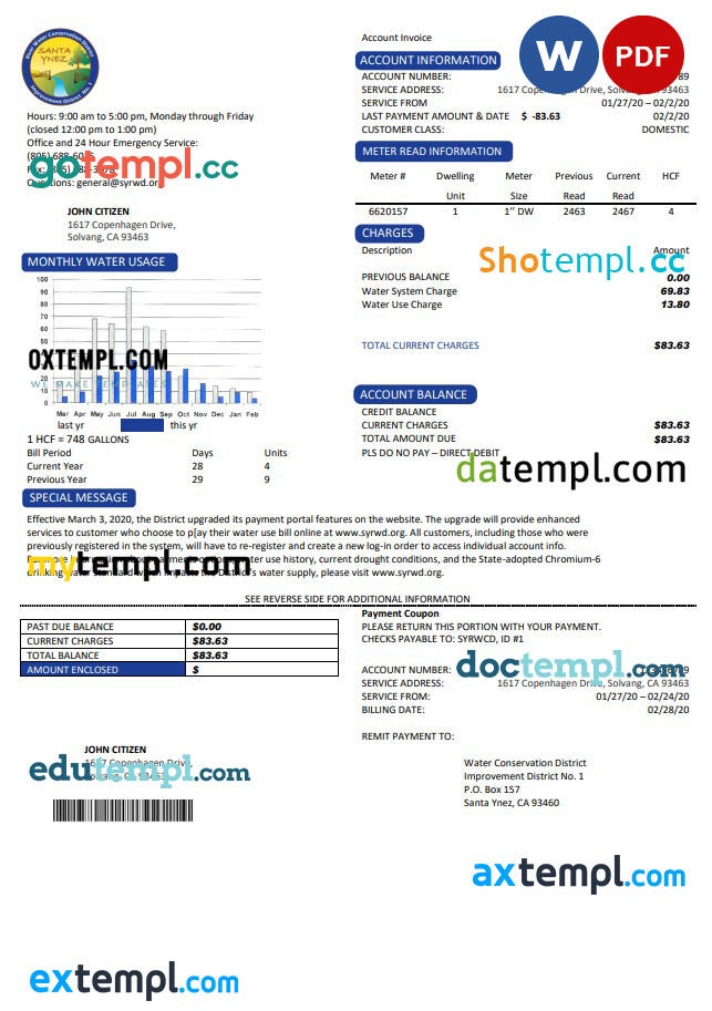 USA California PG&E electricity utility bill, PDF and Word download template | by Inntemmpl ...