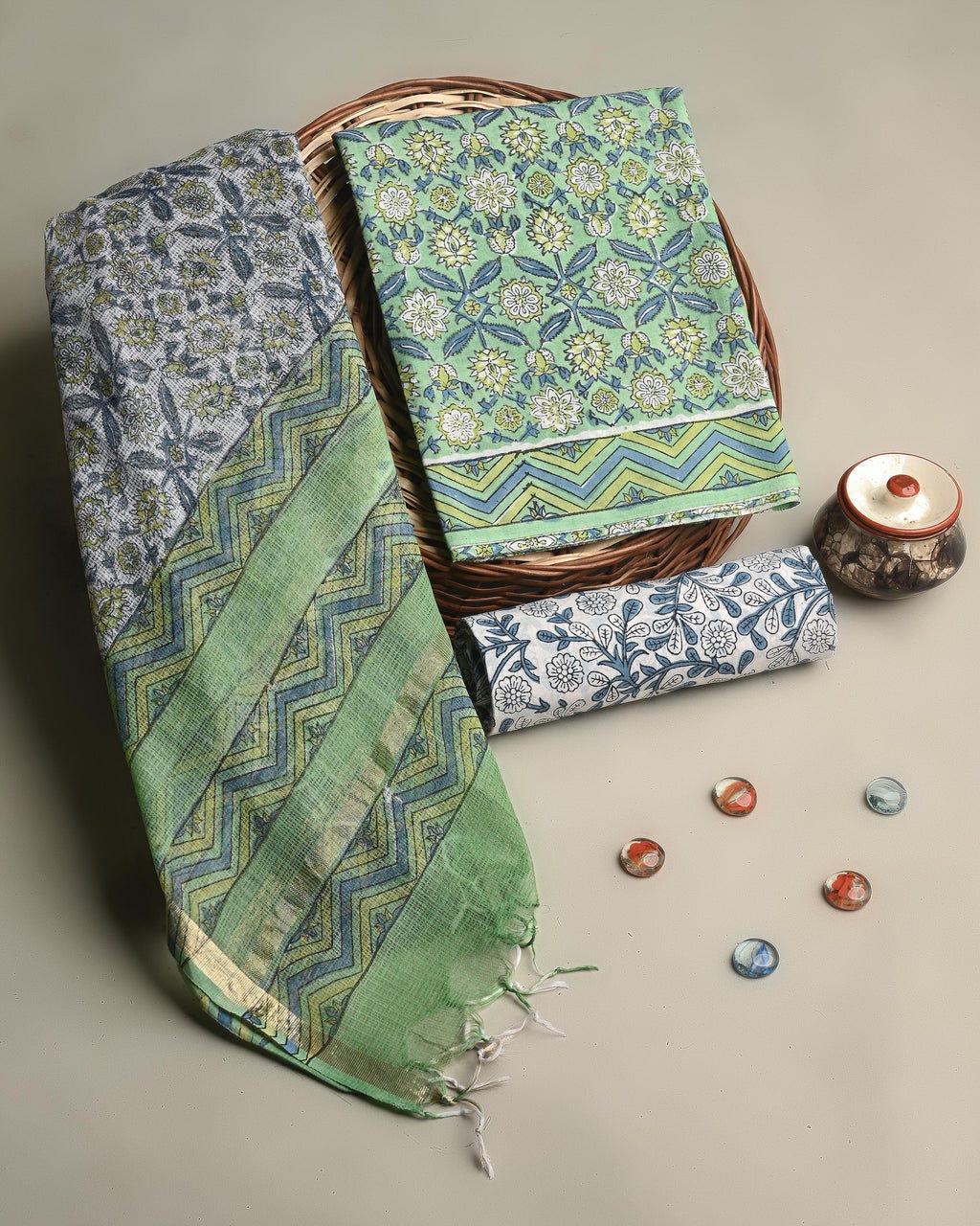 Buy Sanganeri Block Printed Cotton Suit Sets With Cotton Dupatta ...