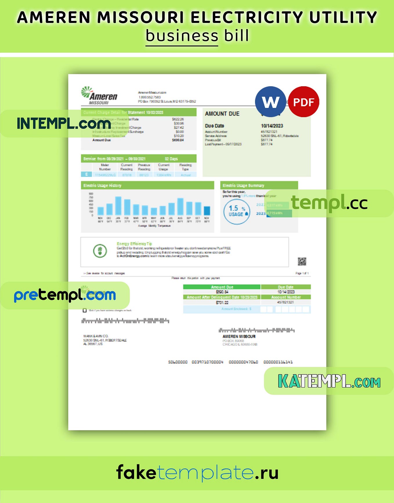 CFE electricity business utility bill, Word and PDF template | by Intemplbusinessbill | Nov ...