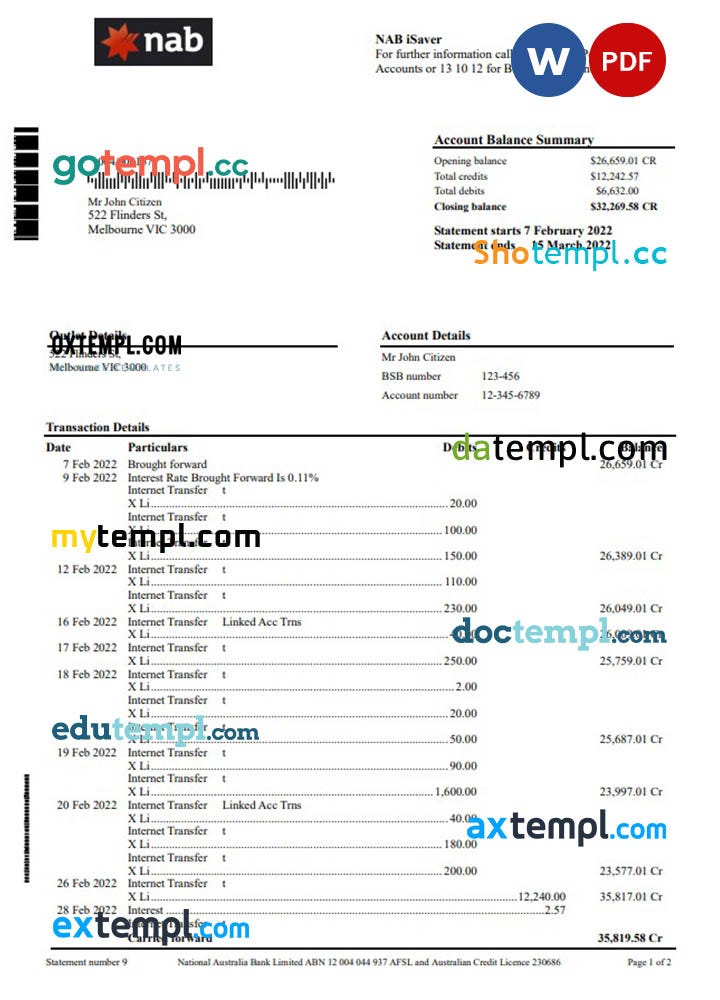 sample Australia Commonwealth Bank statement template in Excel and PDF format, fully editable ...