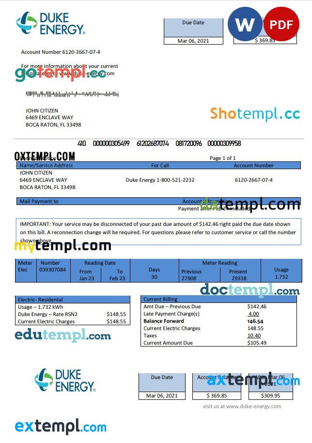 USA Nevada Big Bend Water District utility bill template in Word and ...