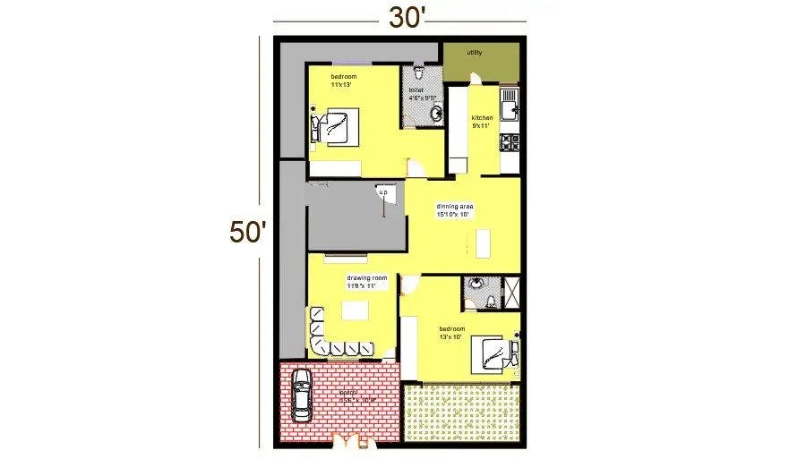 2D CAD Drawing 2bhk House Plan With Furniture Layout Design Autocad File; this is the 2bhk house ...