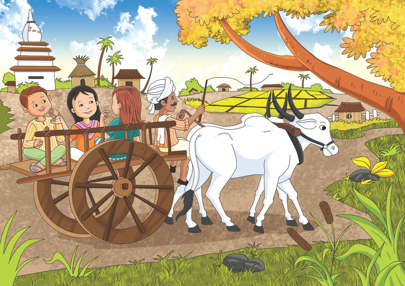 Cartoon Indian Farmer With Bullock Cart