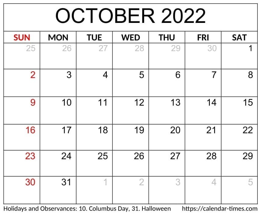Free Printable October 2022 Calendar - Calendartime - Medium