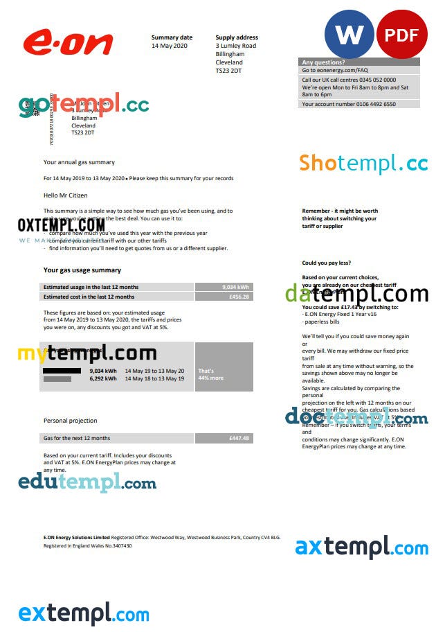 United Kingdom Ecotricity electricity utility bill download example in ...
