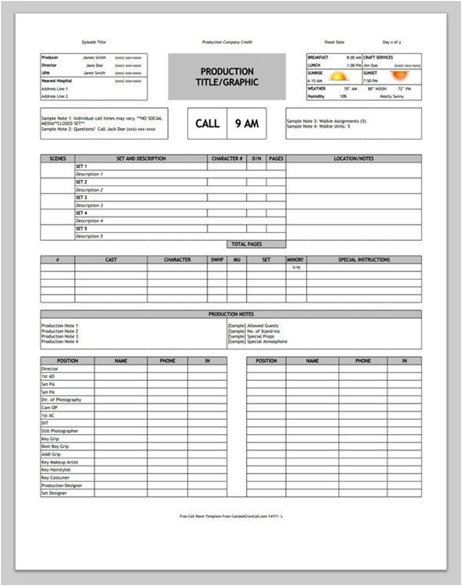 Call Sheet Template Excel