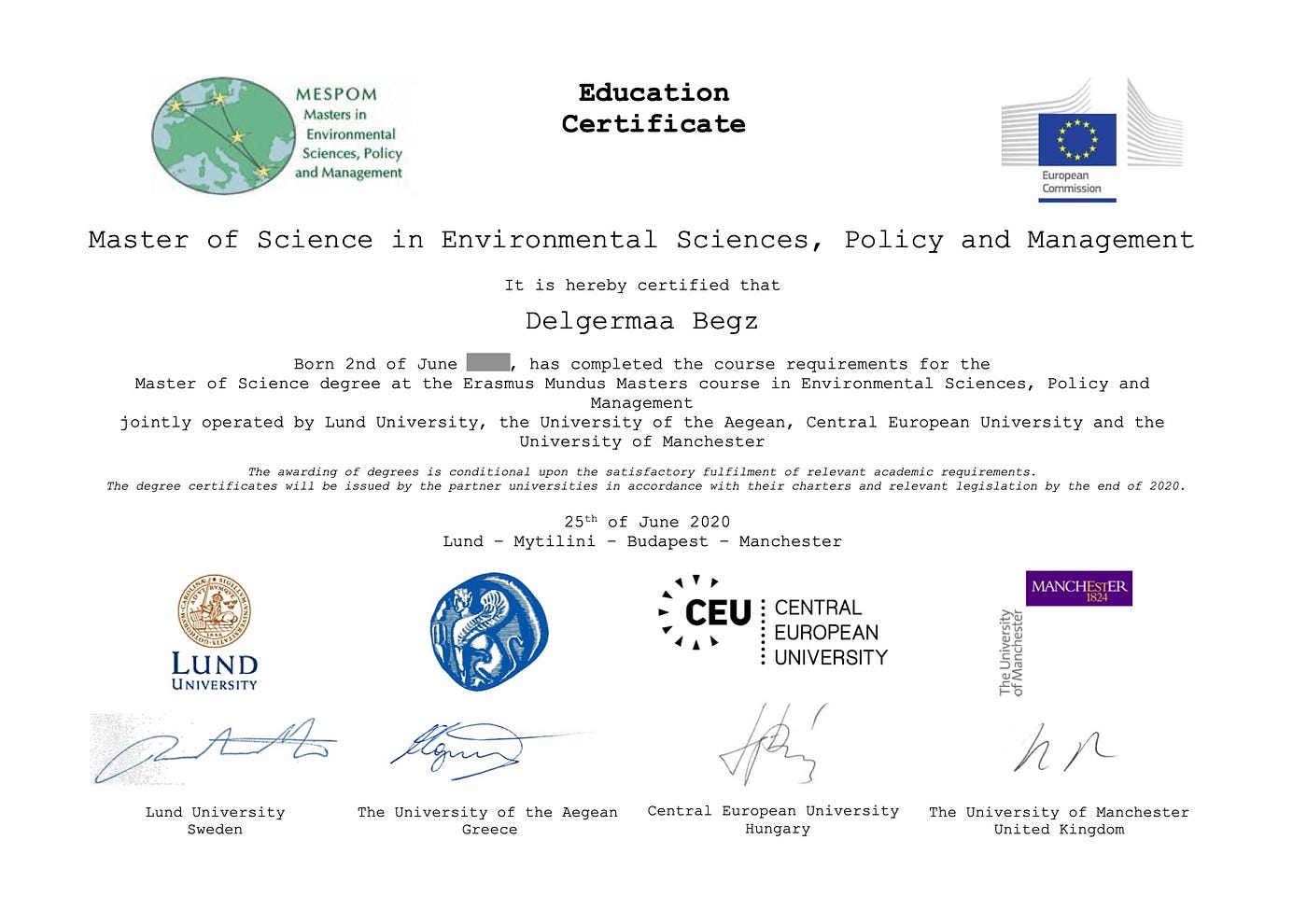 Masters Degree Certificate