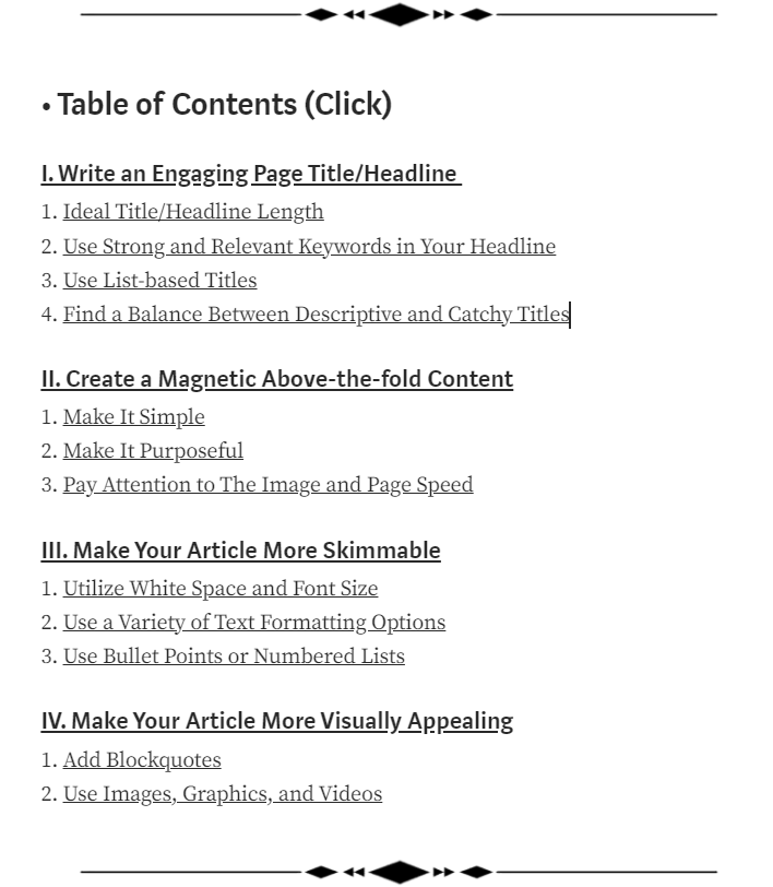 A Writing Table Of Contents