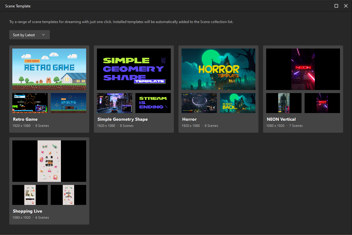 Currently, five scene templates are available.