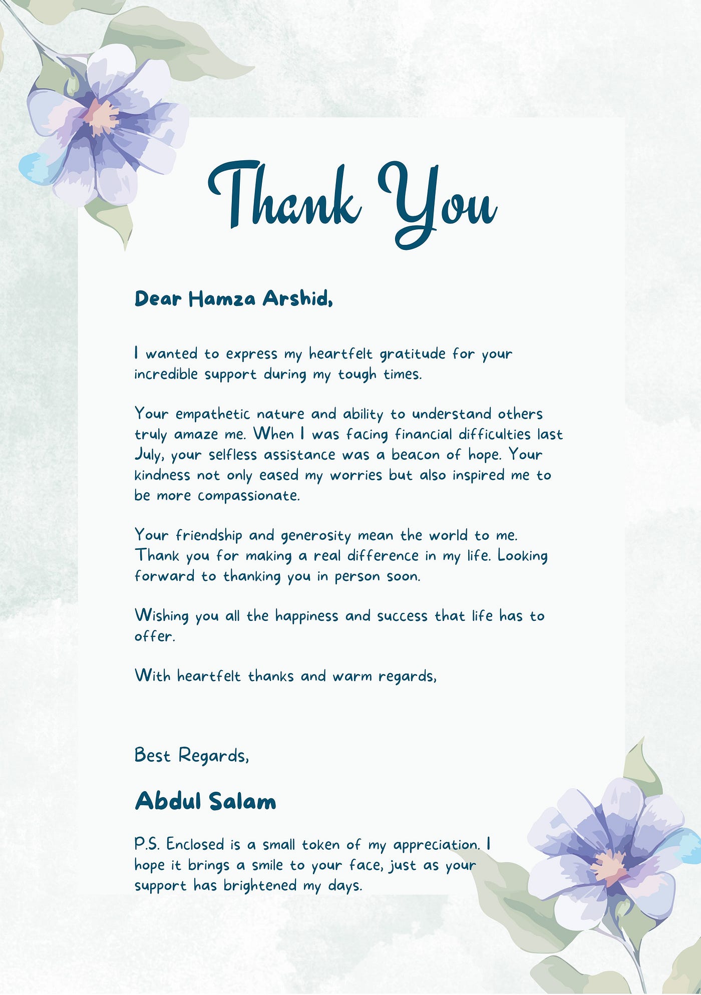 Thank You For Your Support Letter