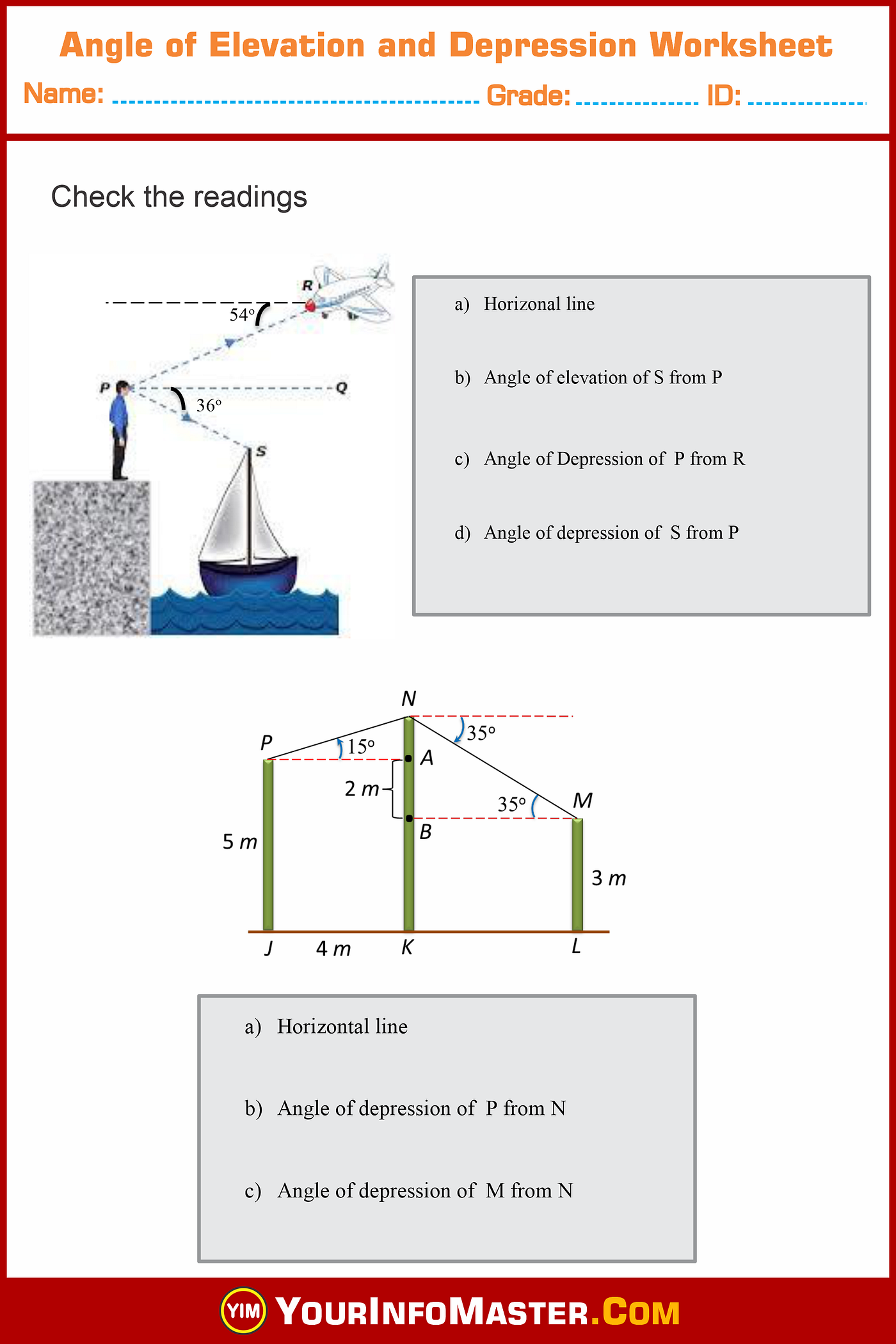Angle Of Elevation And Depression Worksheet Doc