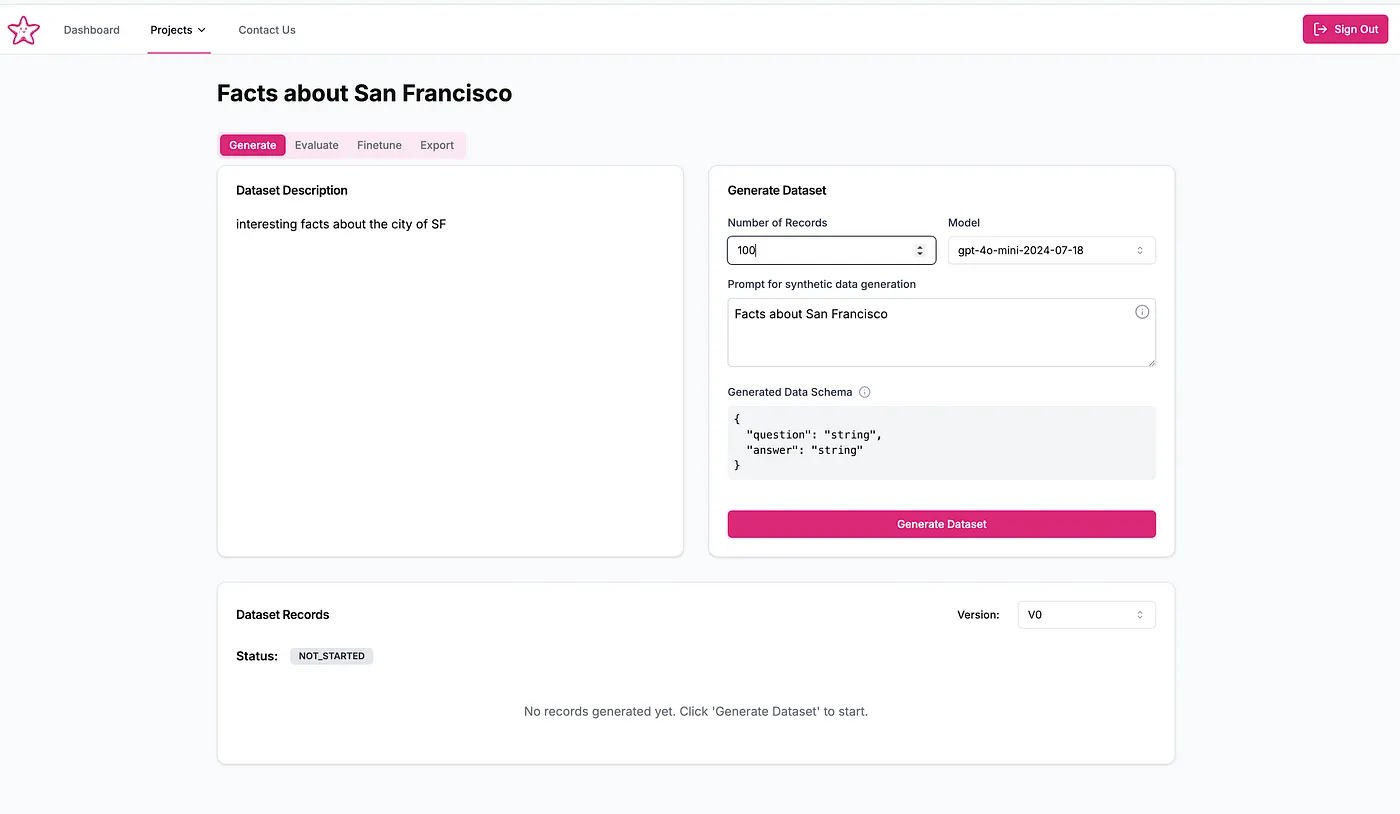 A Starfishdata project with a prompt, number of records and the model picked