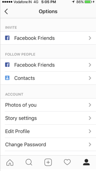 MODIFICATIONS TO INSTAGRAM. Below is the Option menu of Instagram’s ...