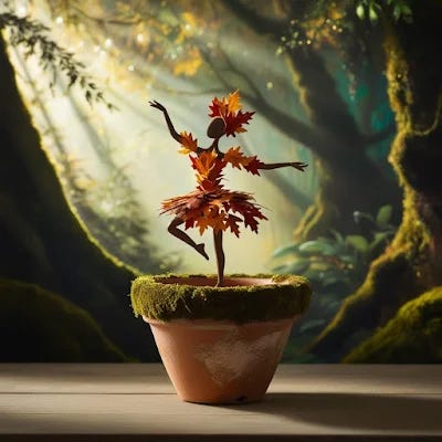 A MINIATURE FIGURE COMPOSED OF DELICATELY ARRANGED AUTUMN LEAVES ...