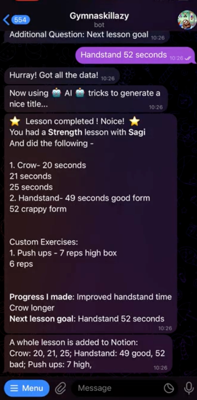 Gymnaskillazy Bot: A Fun Journey of AI, Notion and Telegram | by Noy Pearl | Jul, 2024 | Medium