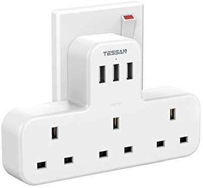 Multi Plug Extension Socket Adapter with 3 USB, TESSAN 3 Way 3 Plugs ...