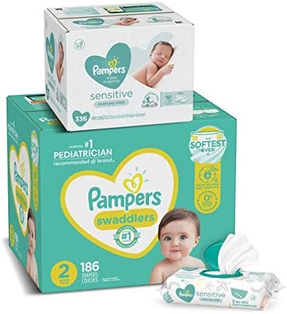 Diapers Size 2, 186 Count and Baby Wipes — Pampers Swaddlers Disposable ...
